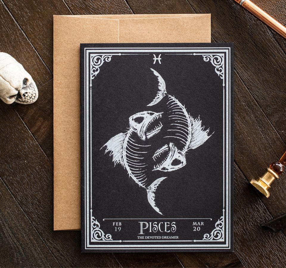 Pisces (Feb 19 - Mar 20) Zodiac Card – Spooky Cat Press